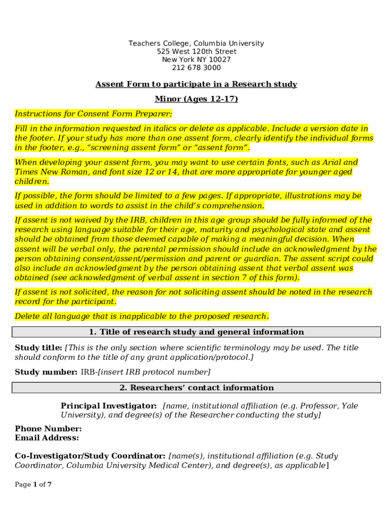 DOE Minors 12 to 17 Years Assent Template Doc Template | pdfFiller