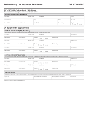 Fillable Online Retiree Group Life Insurance Enrollment THE STANDARD ...