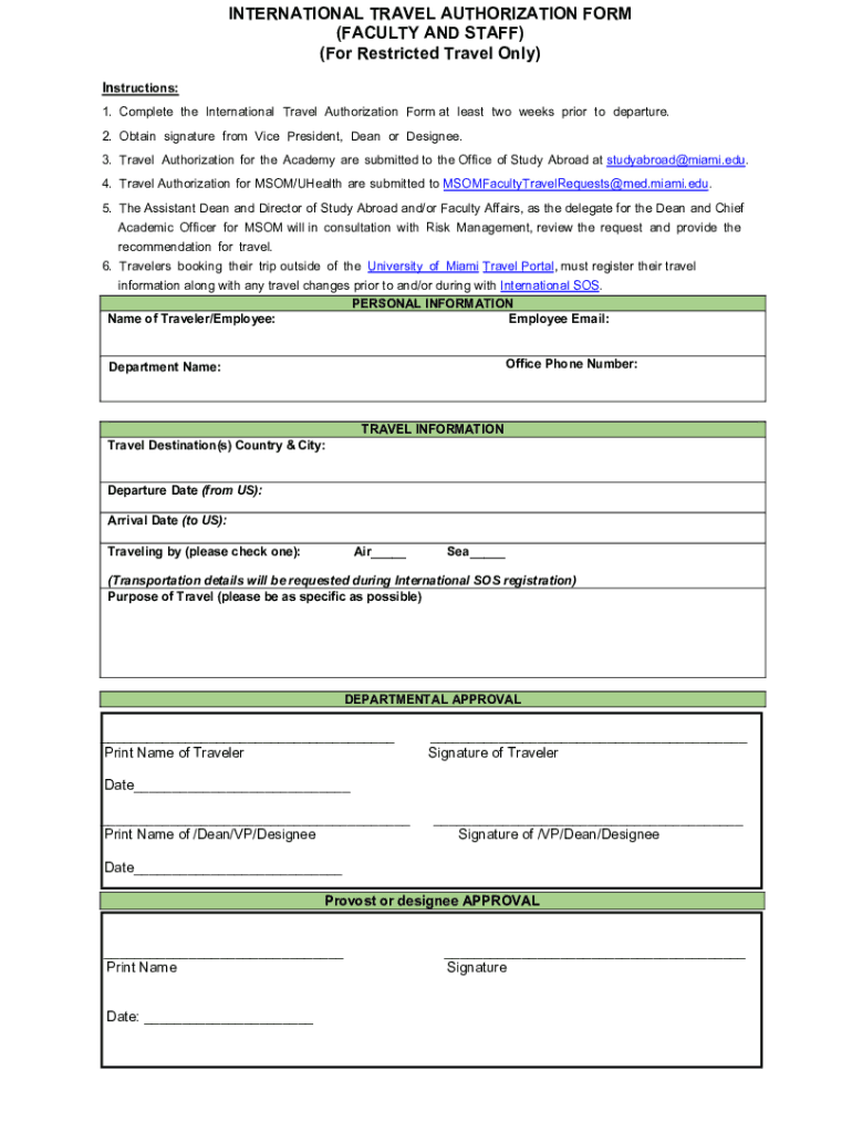 Fillable Online INTERNATIONAL TRAVEL AUTHORIZATION FORM (FACULTY ... Fax Email Print - pdfFiller