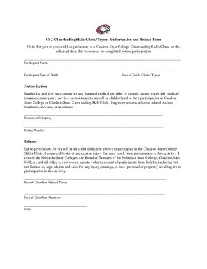 Fillable Online CSC Cheerleading Skills Clinic/ Tryout Authorization ...