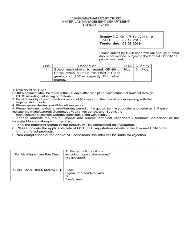 Fillable Online TENDER FORM S.No. Description UOA Quantity 1 Spider ...