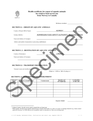 Fillable Online Health certificate for export of aquatic animals for ...