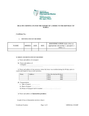 Fillable Online HEALTH CERTIFICATE FOR THE EXPORT OF A HORSE TO THE ...