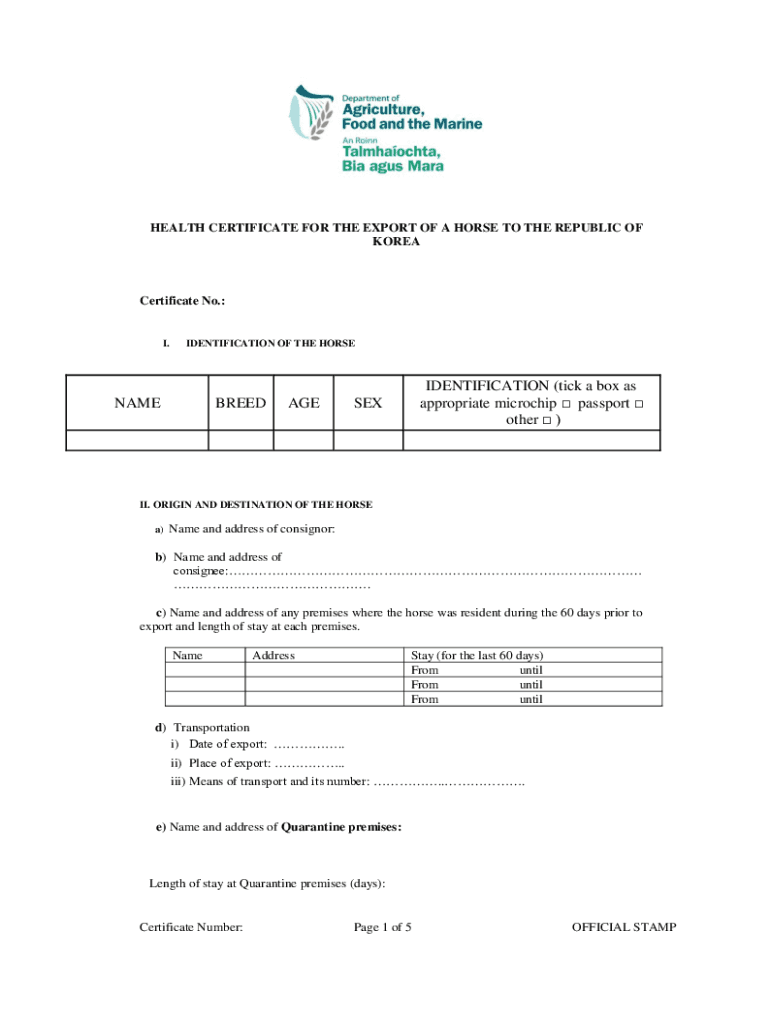 Fillable Online HEALTH CERTIFICATE FOR THE EXPORT OF A HORSE TO THE ...