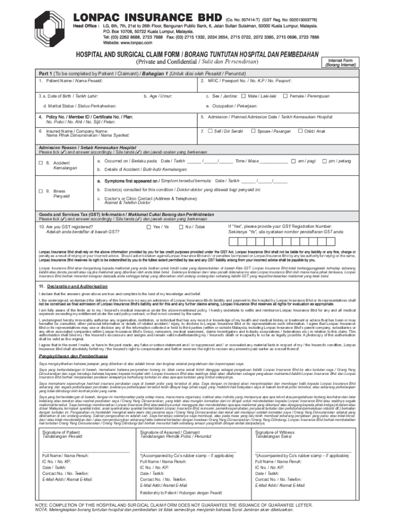 Fillable Online Member Hospital & Surgical Claim Form Borang Tuntutan ... Fax Email Print ...