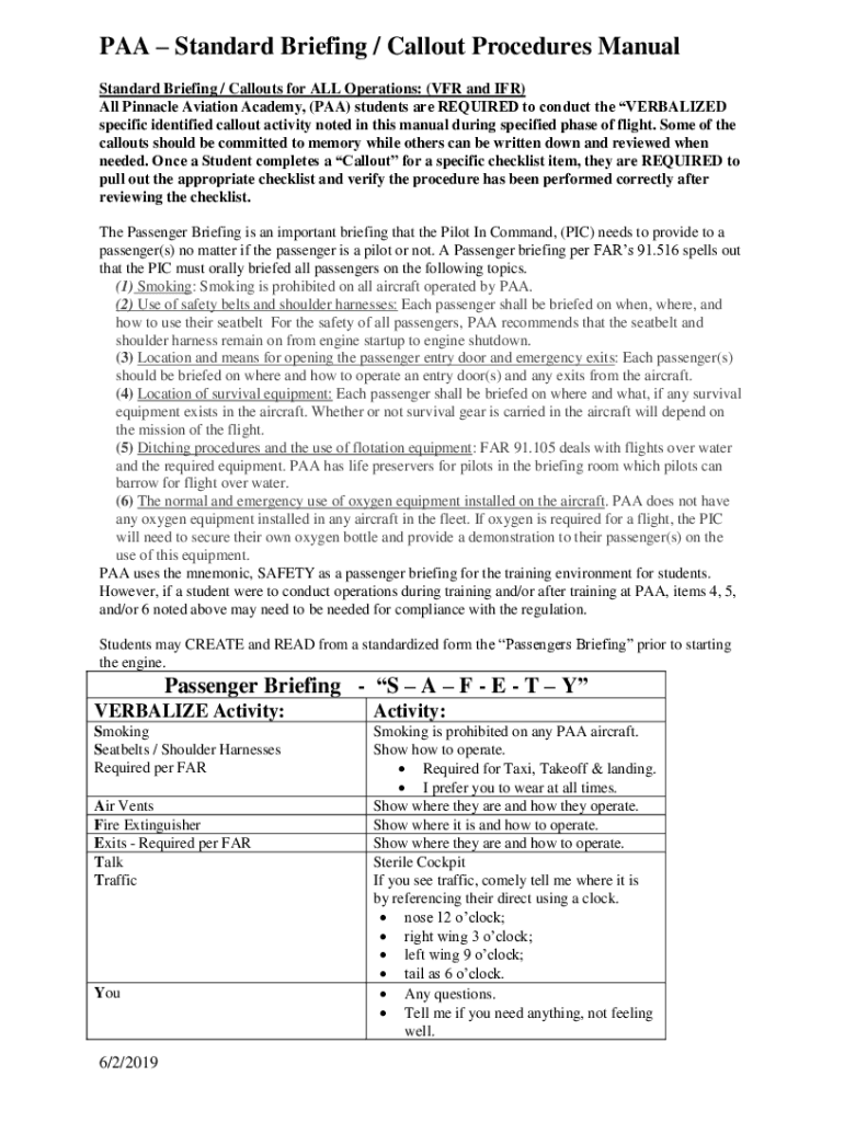 Fillable Online PAA Standard Briefing / Callout Procedures Manual Fax ...