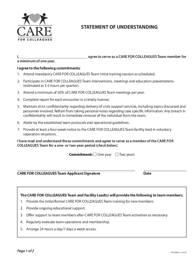 Fillable Online I, agree to serve as a CARE FOR COLLEAGUES Team member ...