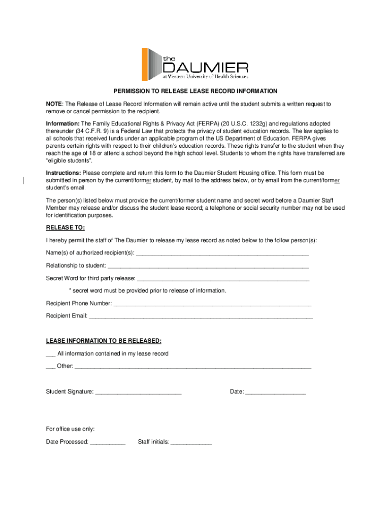 Fillable Online permission to release lease record information Fax ...