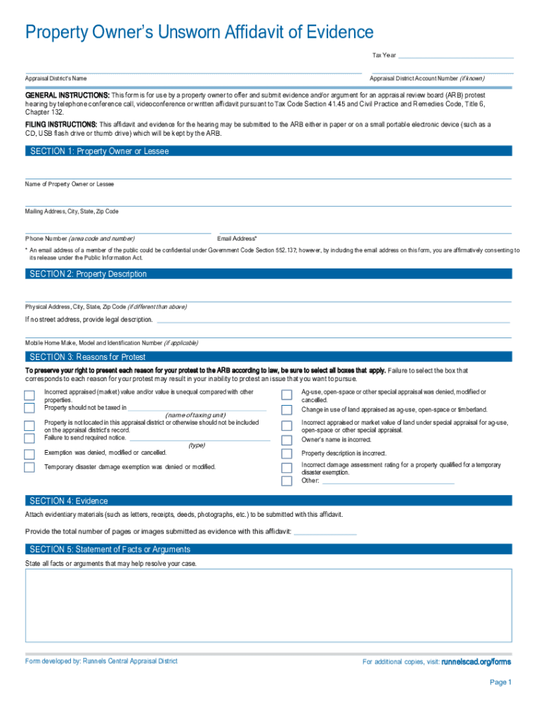 Fillable Online Property Owner's Affidavit of Evidence to the Appraisal ...