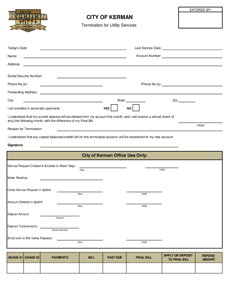 Fillable Online CHECKLIST FOR UTILITY TERMINATION: Fax Email Print ...