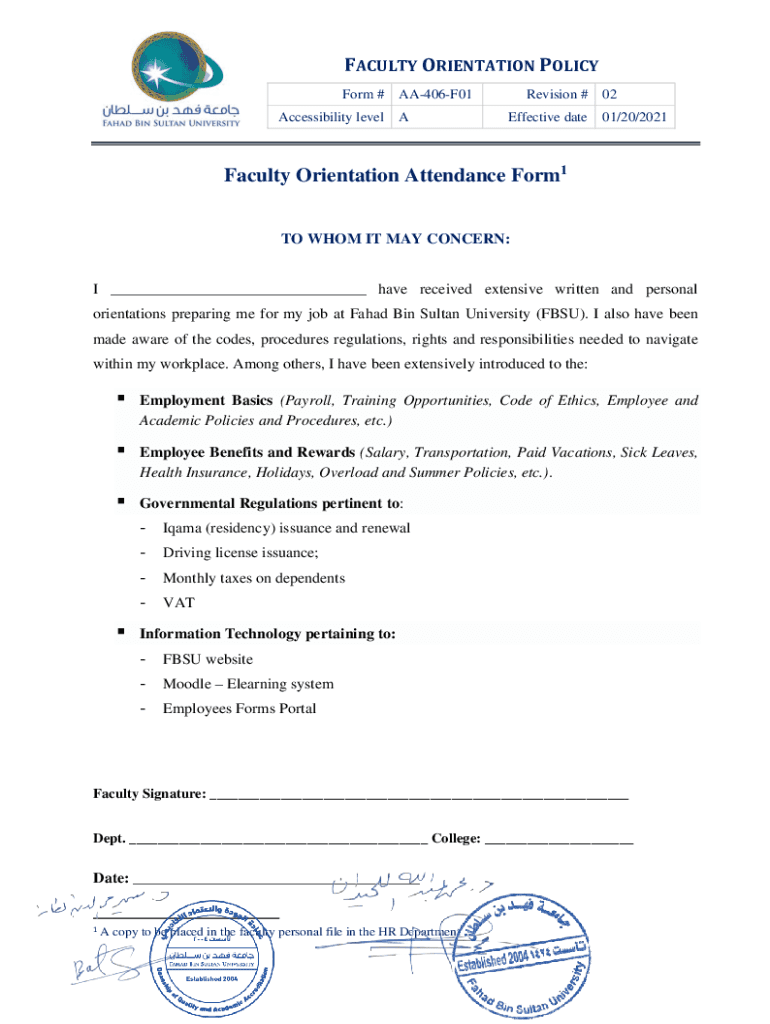 Fillable Online Faculty Orientation Attendance Form1 - Fahad Bin Sultan University Fax Email ...