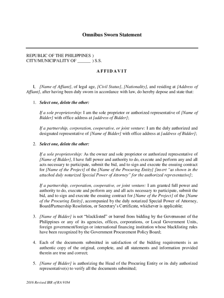 Fillable Online OMNIBUS UNDERTAKING (SWORN AFFIDAVIT) ... Fax Email ...