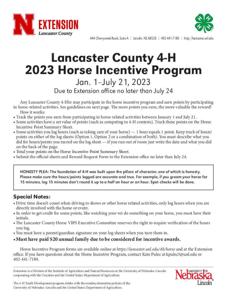 Fillable Online lancaster unl 4-H Horse Incentive Program 2023 Reward ...