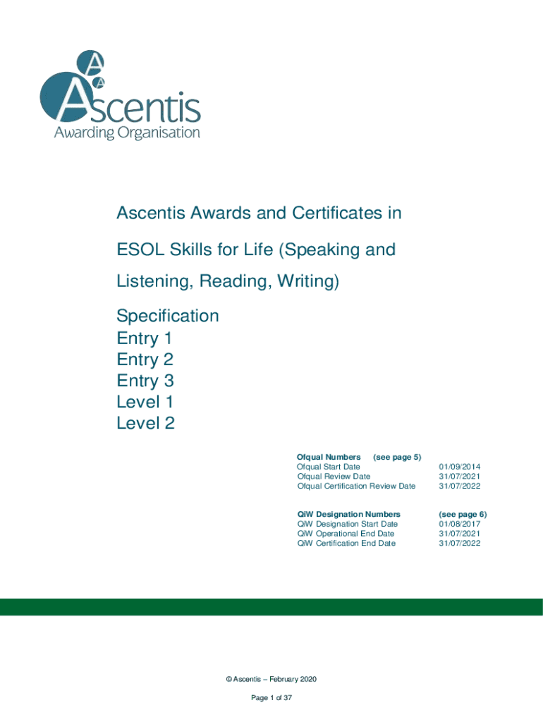 Fillable Online Ascentis Awards and Certificates in ESOL Skills for ...