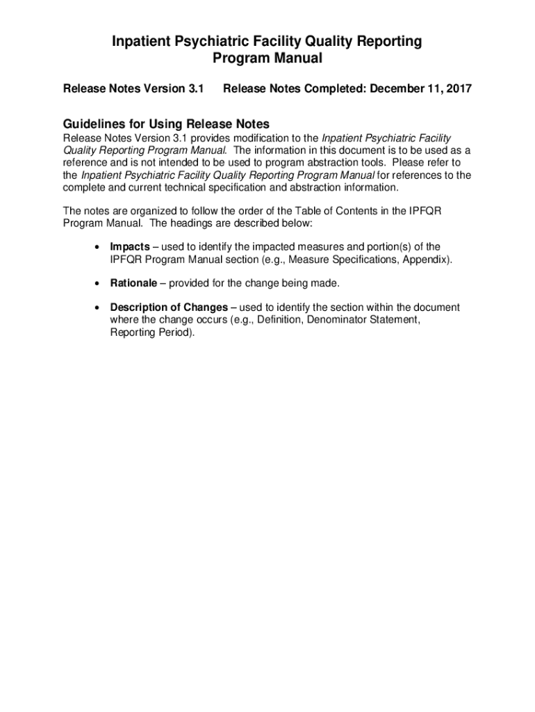 Fillable Online IPFQR Program Manual v3.1 Release Notes. Inpatient ...