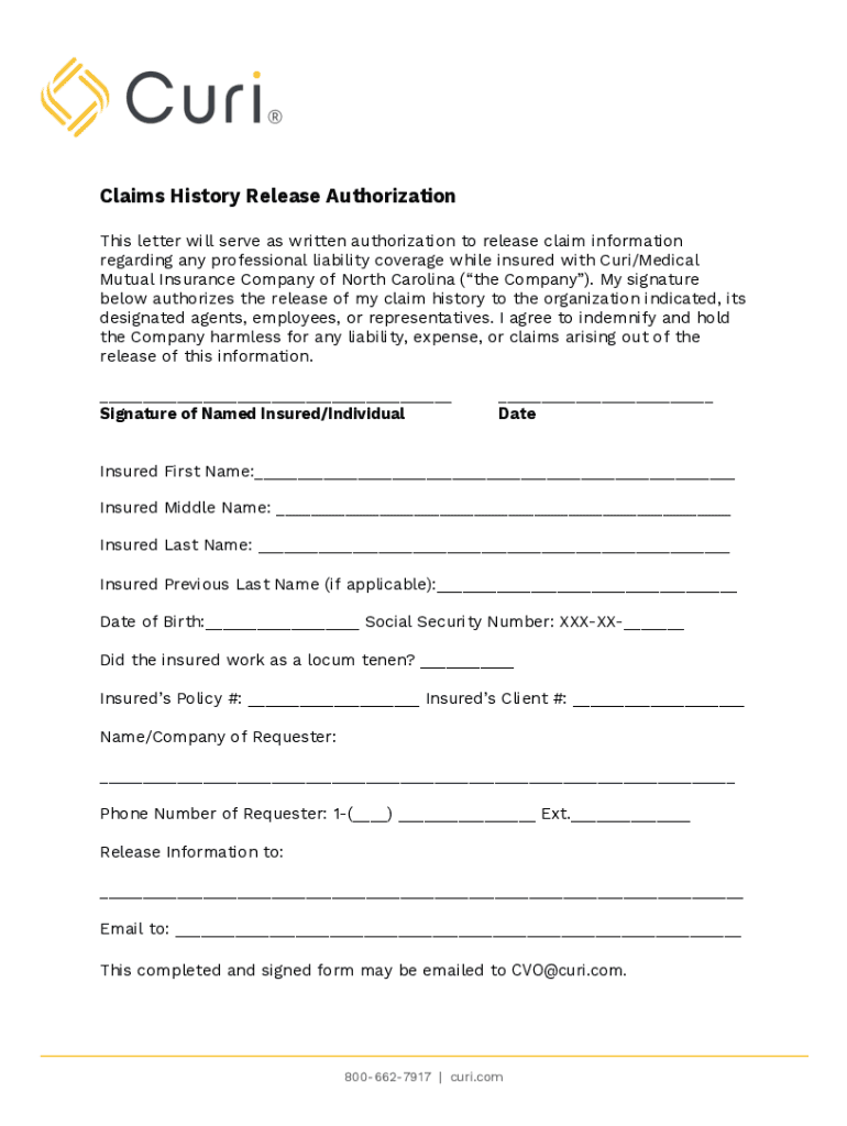 Fillable Online Claims History Release Authorization Fax Email Print ...