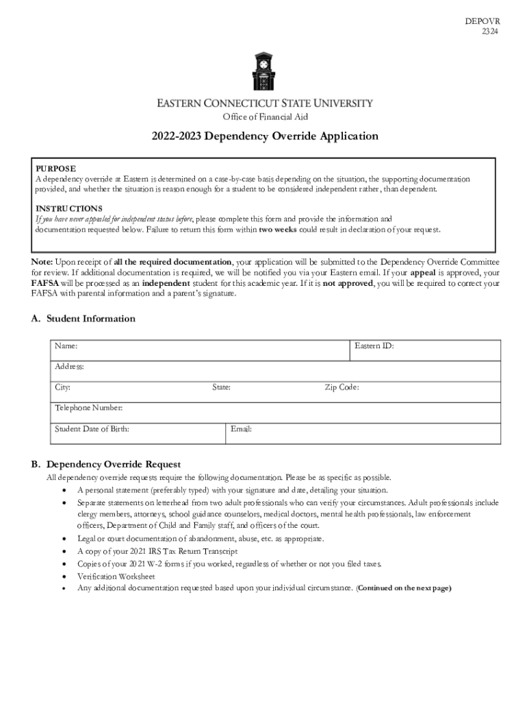 Fillable Online Dependency Override RequestFinancial Aid Fax Email ...