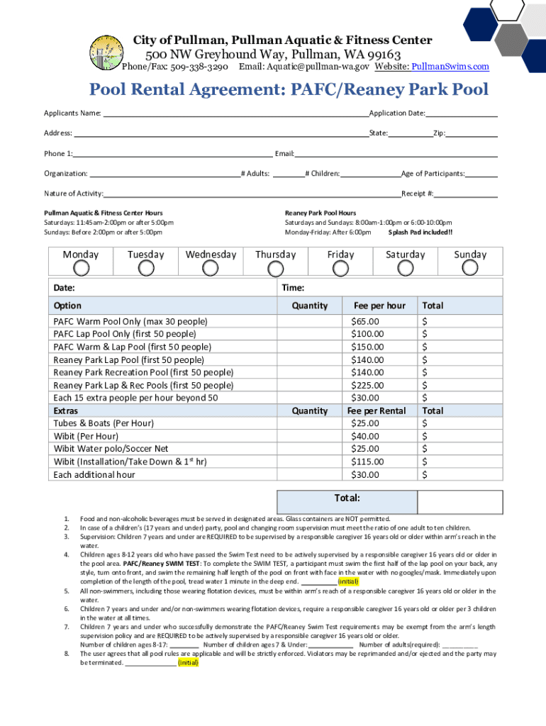 Fillable Online Pool Rental Agreement: PAFC/Reaney Park Pool Fax Email ...