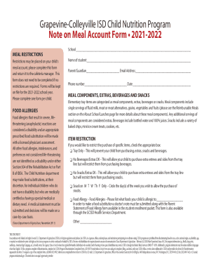 Fillable Online Note on Meal Account Form 2021-2022 Fax Email Print ...
