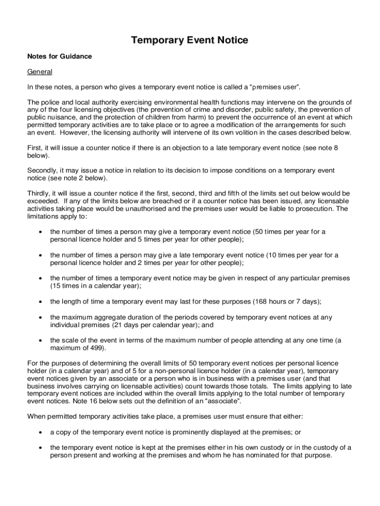 Fillable Online Temporary Event Notice - application form and notes Fax ...