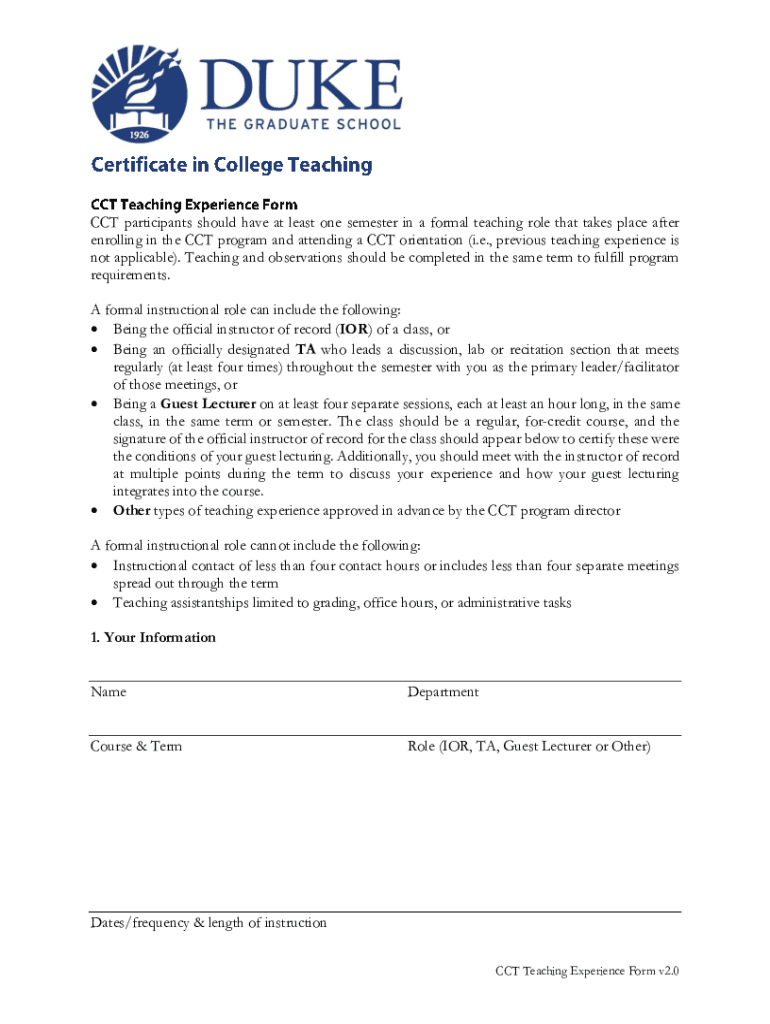 Fillable Online CCT Teaching Experience Form.2. ... Fax Email Print ...