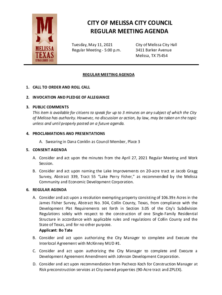 Fillable Online CITY OF MELISSA CITY COUNCIL WORK SESSION AND ... Fax ...