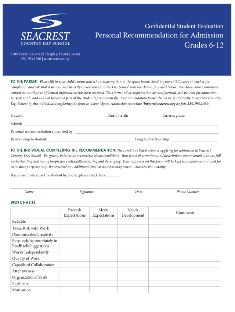Fillable Online Personal Recommendation for Admission Fax Email Print - pdfFiller
