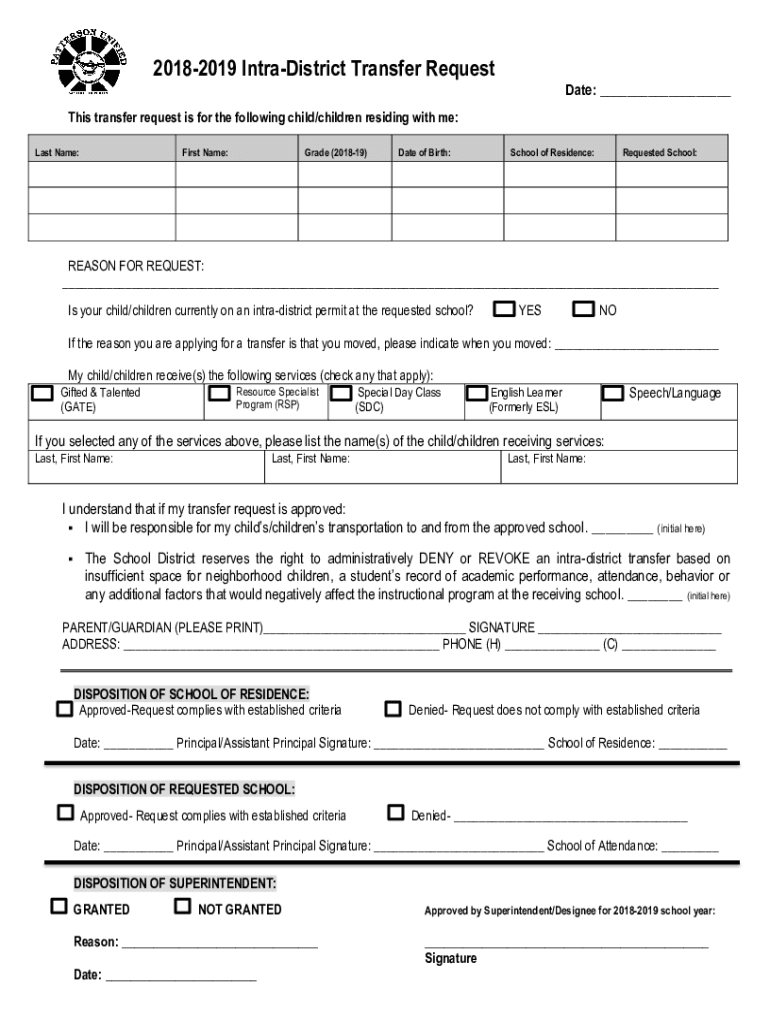 Completable En línea INTRA-DISTRICT TRANSFER ATTENDANCE REQUEST Fax Email Imprimir - pdfFiller