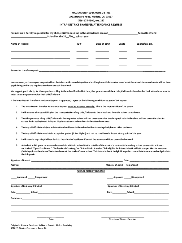 Fillable Online Intra-District Transfer Attendance Request Form 2022 ...