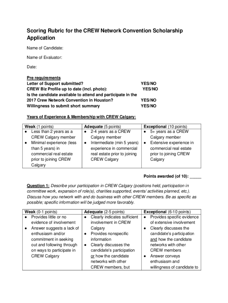 Fillable Online Scoring Rubric for the CREW Network Convention Scholarship ... Fax Email Print ...