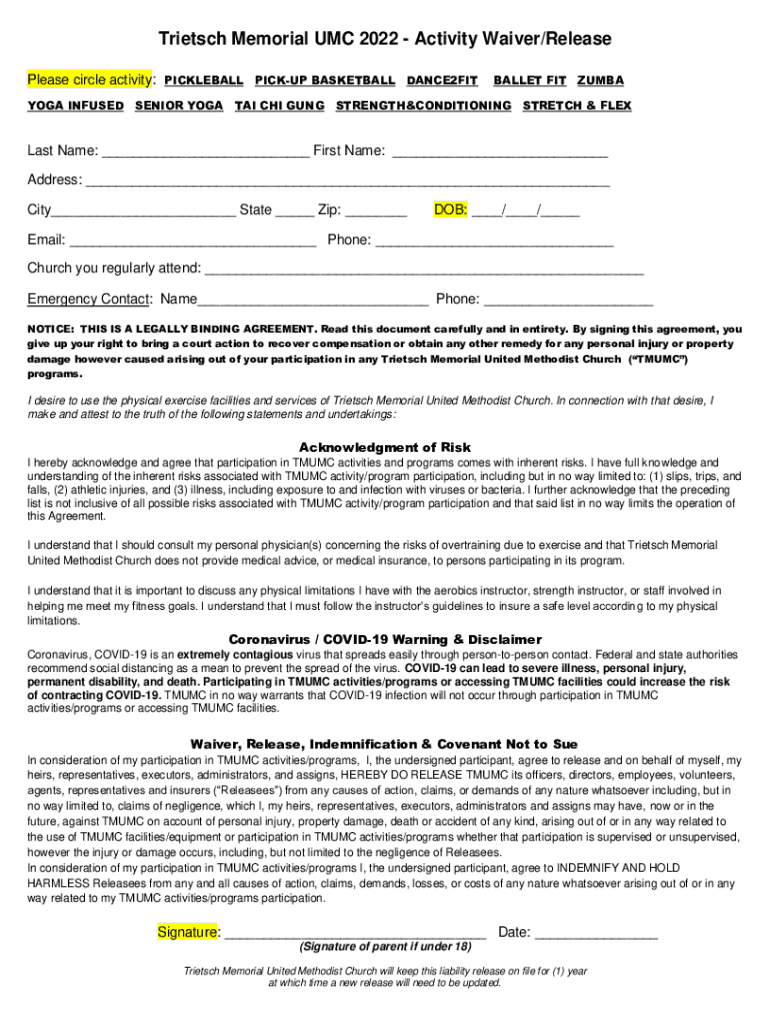 Fillable Online Trietsch Memorial United Methodist Church Activity ...