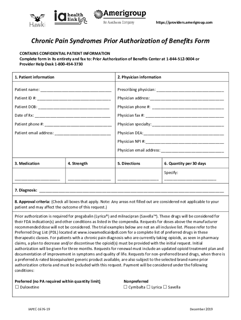 Fillable Online Chronic Pain Syndromes Prior Authorization of Benefits ...