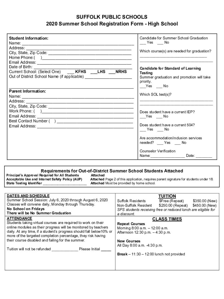 Fillable Online SPS High School Summer Regisration Form Revised ...