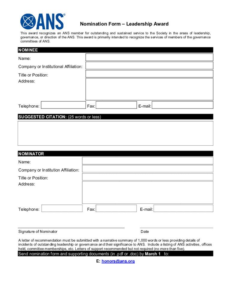 Fillable Online Leadership Award - Nomination Form Fax Email Print ...