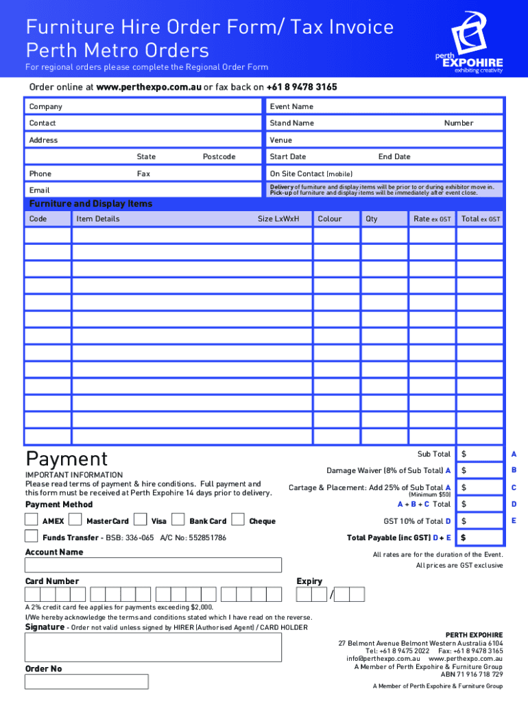 Fillable Online Furniture Hire Order Form/ Tax Invoice Perth Metro ...