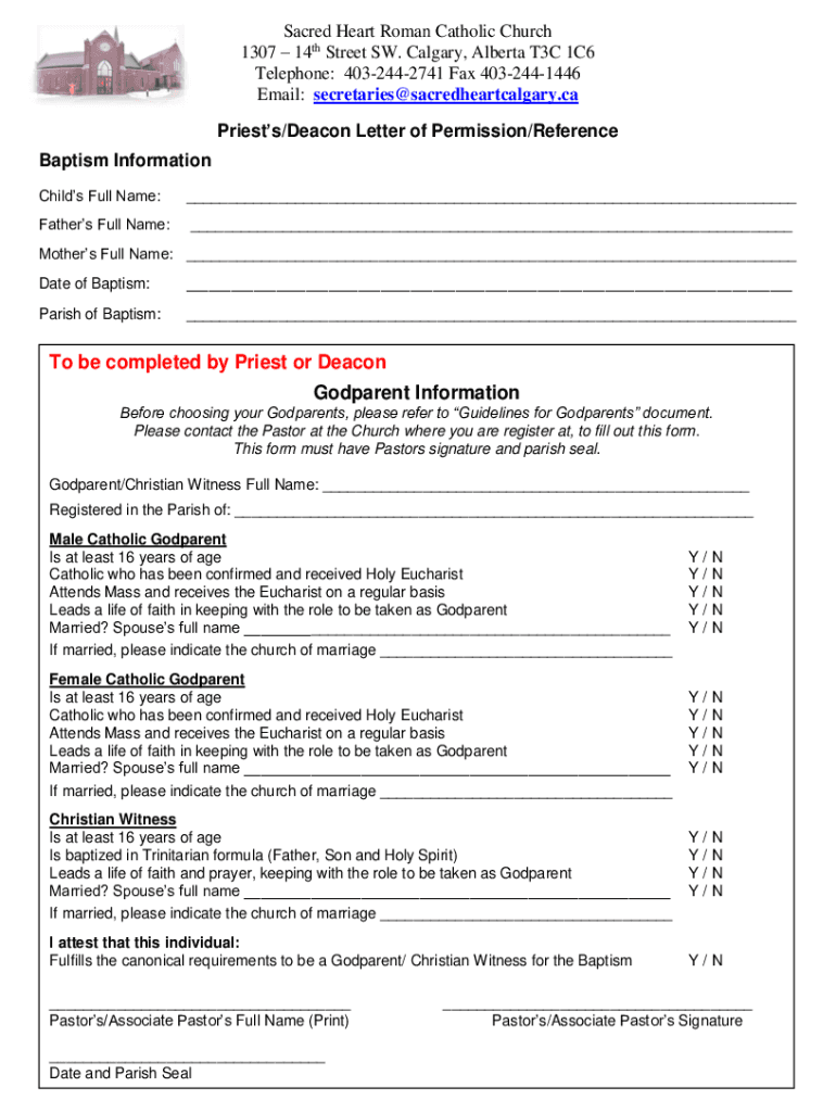 Fillable Online To be completed by Priest or Deacon Godparent ...