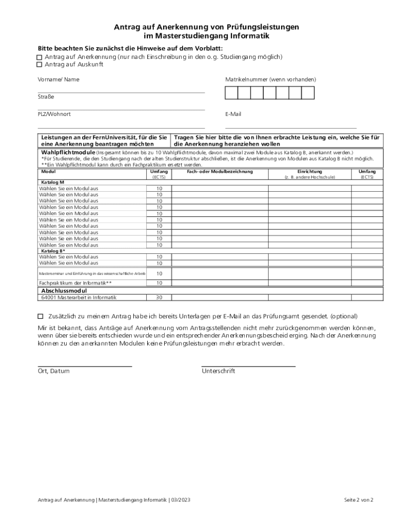 Ausfüllbar Online Antrag auf Anerkennung von Prfungsleistungen im ...