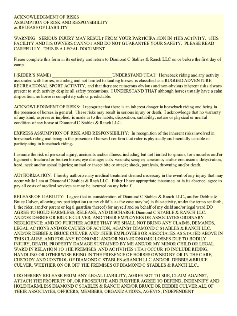 Fillable Online Acknowledgment of risk forms Fax Email Print - pdfFiller