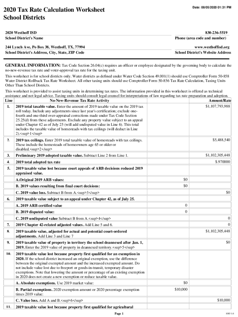 Fillable Online 2021 Tax Rate Calculation Worksheet - DeWitt County ...