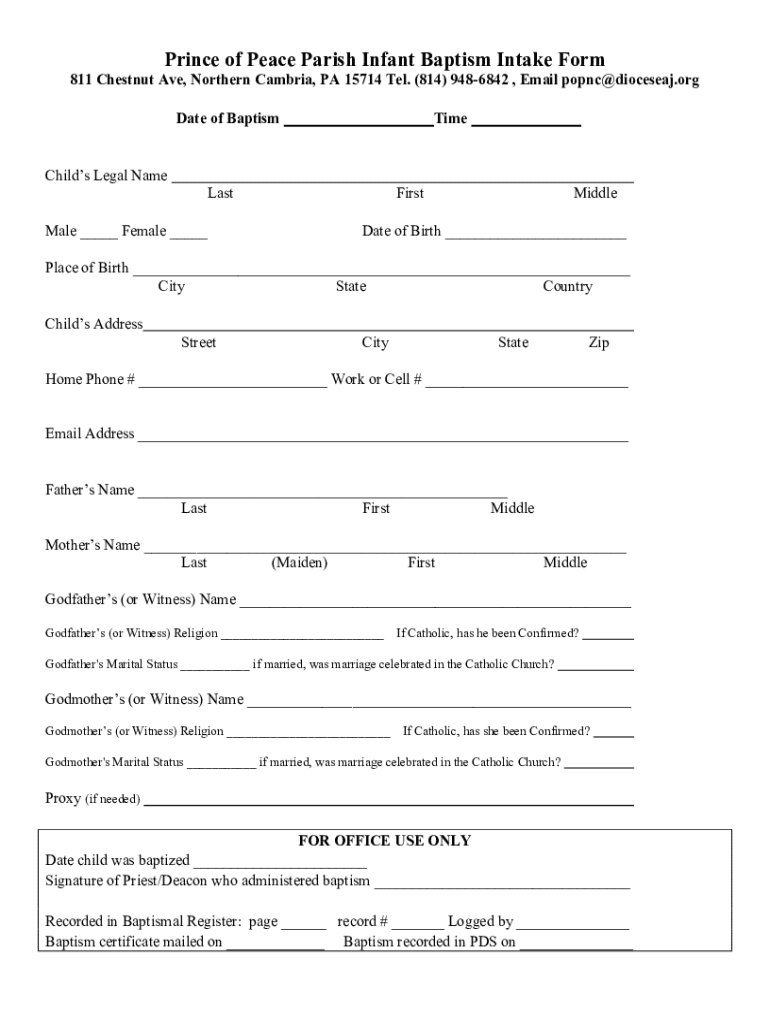 Fillable Online Prince of Peace Parish Infant Baptism Intake Form ...