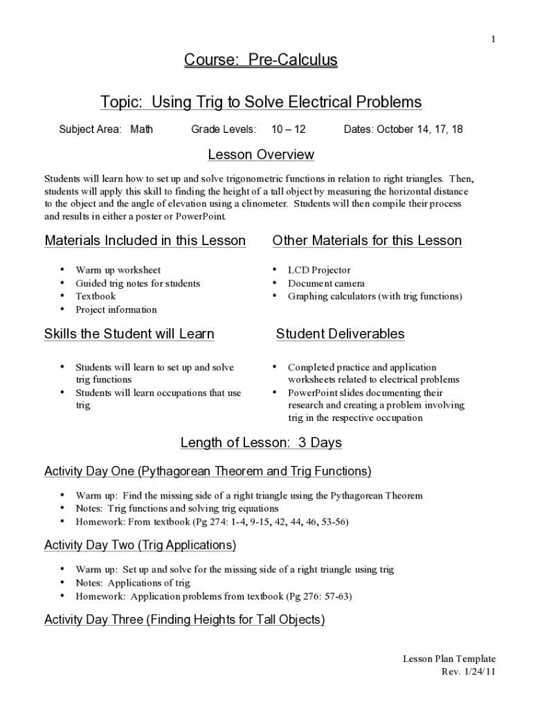 Fillable Online Pre-Calculus Topic: Using Trig to Solve Electrical ...