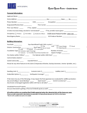 Fillable Online Quick Quote Form Chubb Home Fax Email Print - pdfFiller