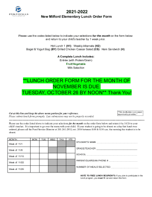 Fillable Online LUNCH ORDER FORM FOR THE MONTH OF NOVEMBER ... Fax ...