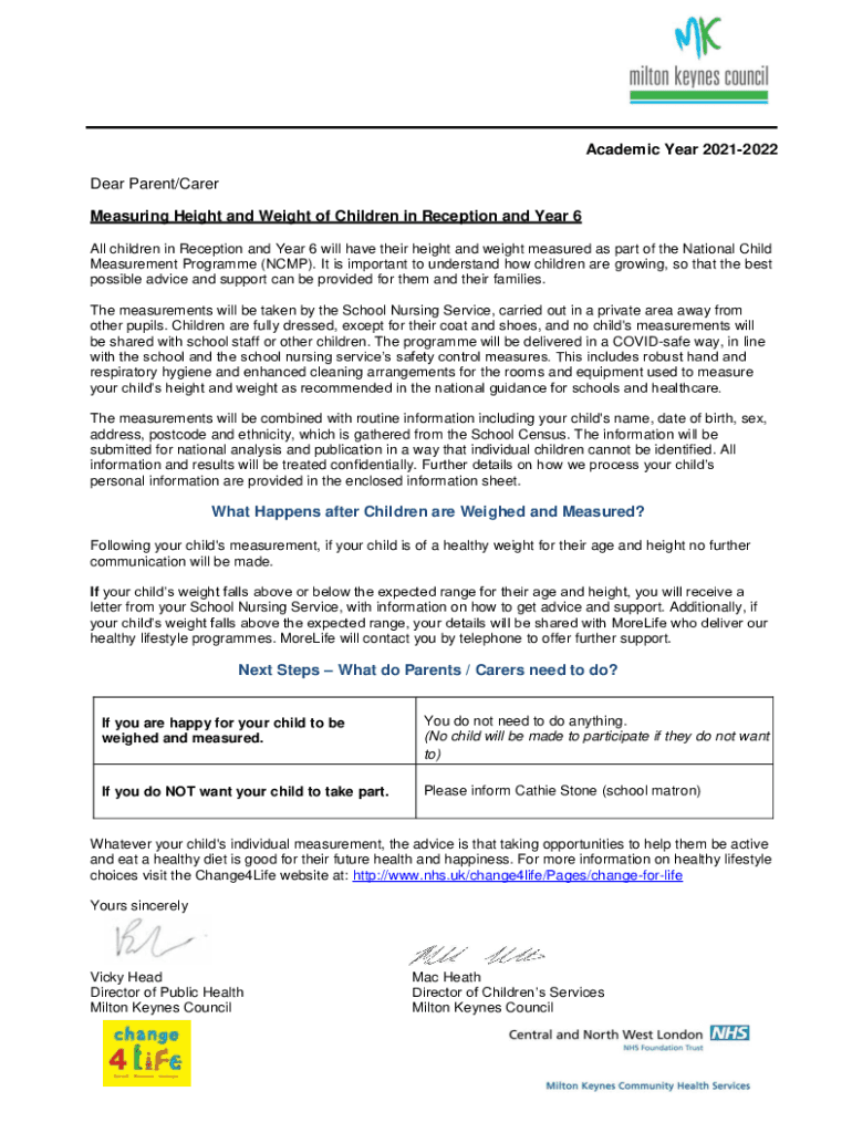 Fillable Online Annex 4: Specimen pre-measurement letter to parents and ...