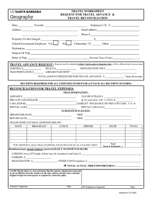 Fillable Online TRAVEL WORKSHEET REQUEST FOR TRAVEL ADVANCE ... Fax ...
