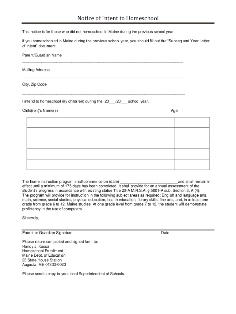 Fillable Online Notice of Intent to Homeschool Fax Email Print - pdfFiller