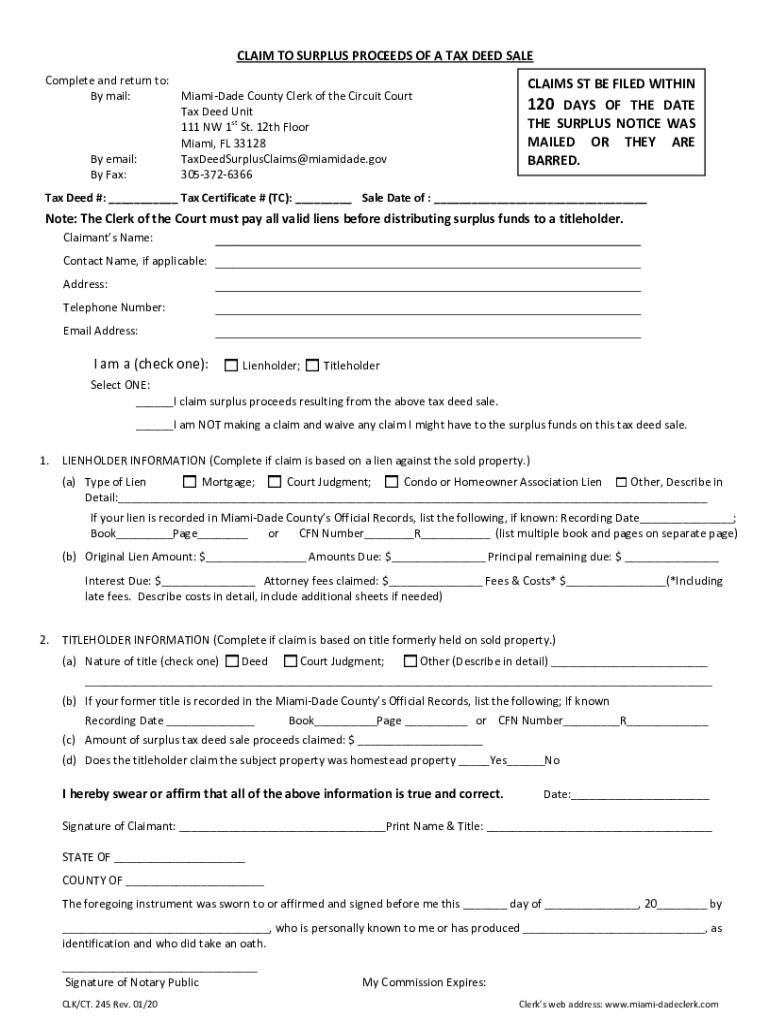 Fillable Online CLAIM TO SURPLUS PROCEEDS OF TAX DEED SALE Fax Email ...