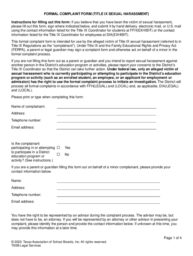 Fillable Online formal complaint form (title ix sexual harassment) Fax ...