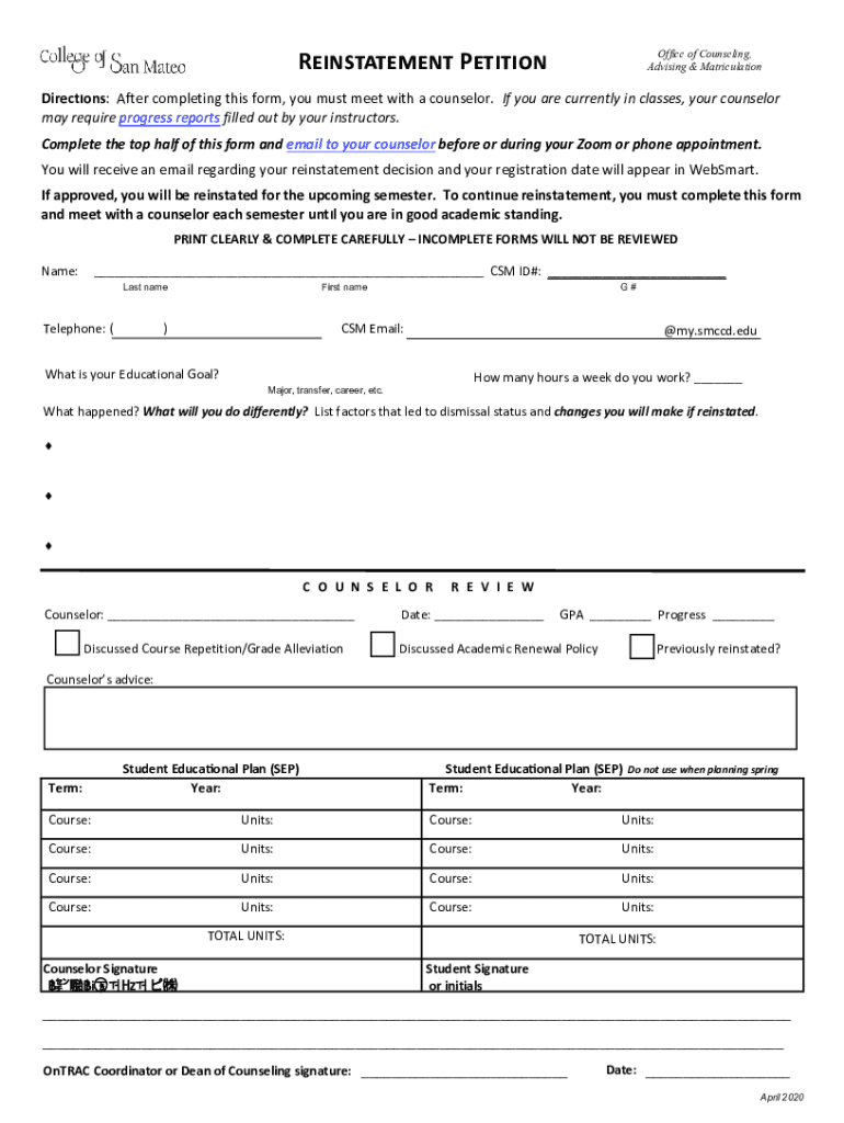 Fillable Online Reinstatement Guidelines for Students on Dismissal Status Fax Email Print ...