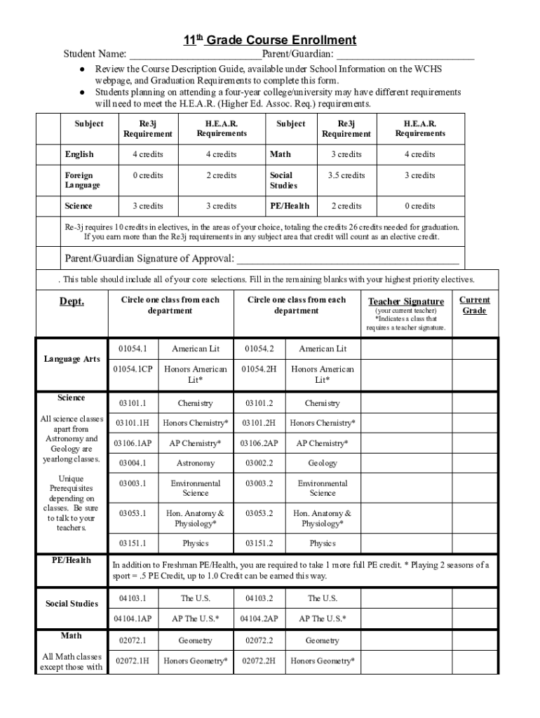 Fillable Online 11 th Grade Course Enrollment Fax Email Print - pdfFiller